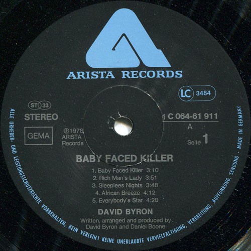 Виниловая пластинка Byron, David - Baby Faced Killer, D , страна ...